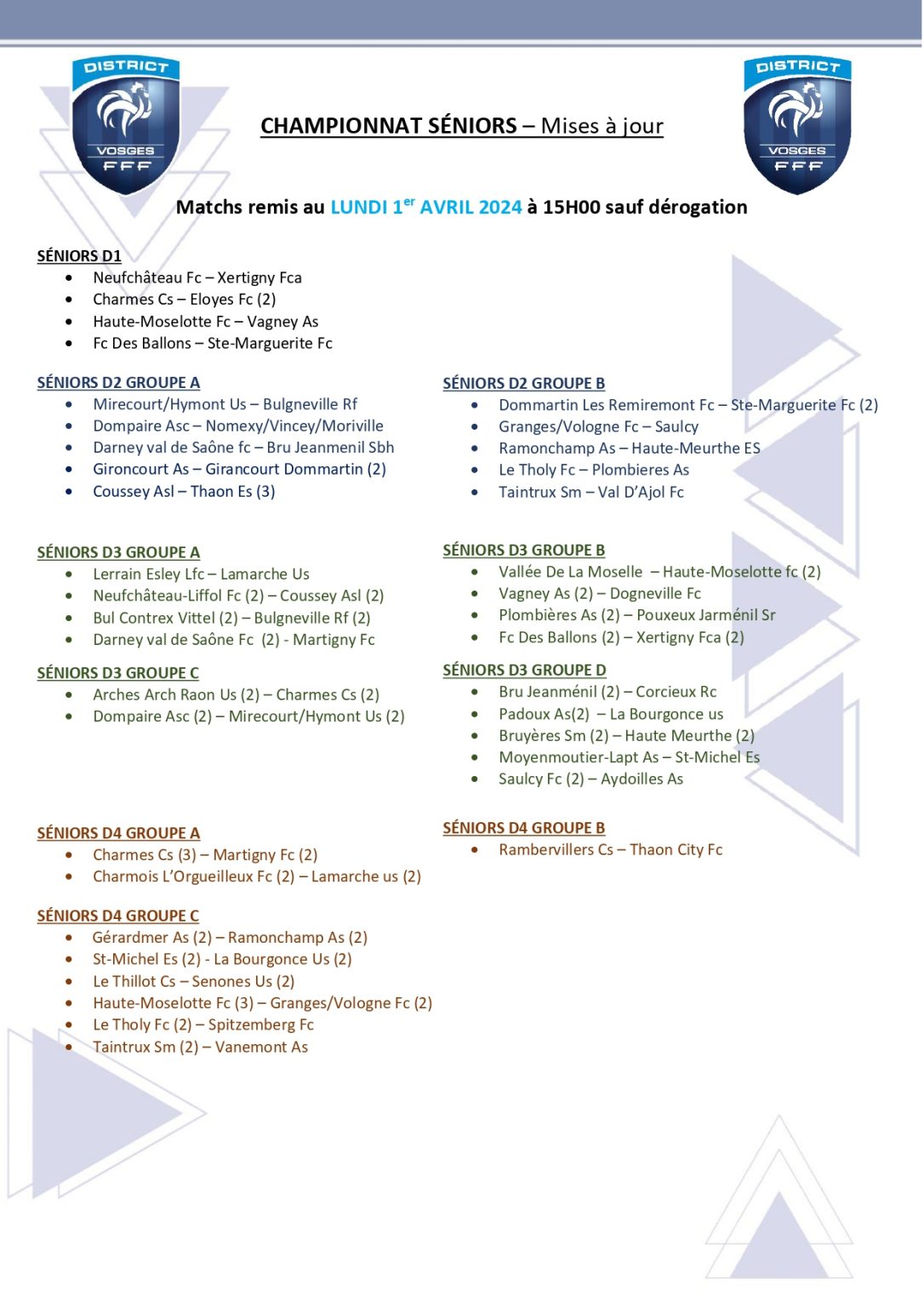 Matchs remis – Championnats Séniors – 18 Février au 1er Avril 2024 ...